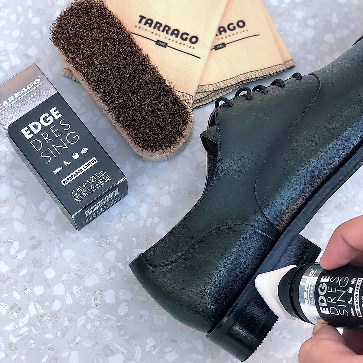 Tarrago Edge Dressing Shoe Dye - 35 ml Sole & Heel Edge Dressing, Repairs & Color Coat Leather Shoes Edges - Rubber & Leather Shoe Sole Edge & Heel Polish for Boots & Footwear - Black #18