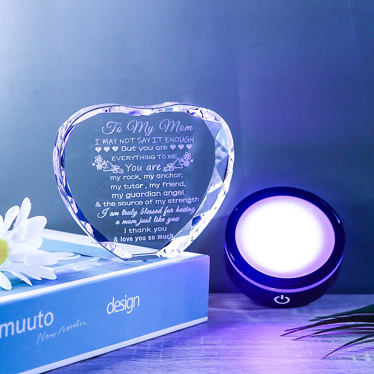 YWHL Gifts for Mom from Daughter Son Moms Birthday Gifts Unique Heart Crystal Gift for Mom with LED Base on Mother's Day Christmas Valentine's Day