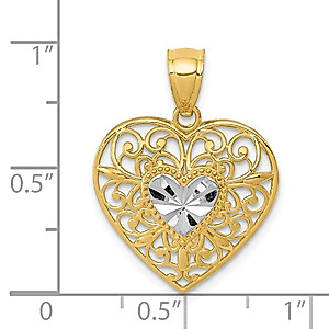Solid 14k Yellow Gold Two Toned Diamond-Cut Filigree Heart Pendant Charm - 24mm x 17mm