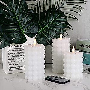 GenSwin Flameless Bubble Candles Flickering with Remote Timer,Battery Operated LED Real Wax Candles Aesthetic Home Room Decor (Set of 3,White,3”x 4.5”5.5”6.3”)