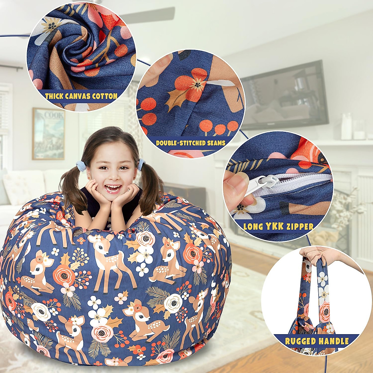 LOLOMLO Stuffed Animal Storage Bean Bag Chair Cover, Hold Kids Plush Toys Blankets Towels Beanbag (Cover Only), Canvas Floor Circle Stuff Sit Seat Sofa with YKK Zipper, Extra Large 38", Fawn