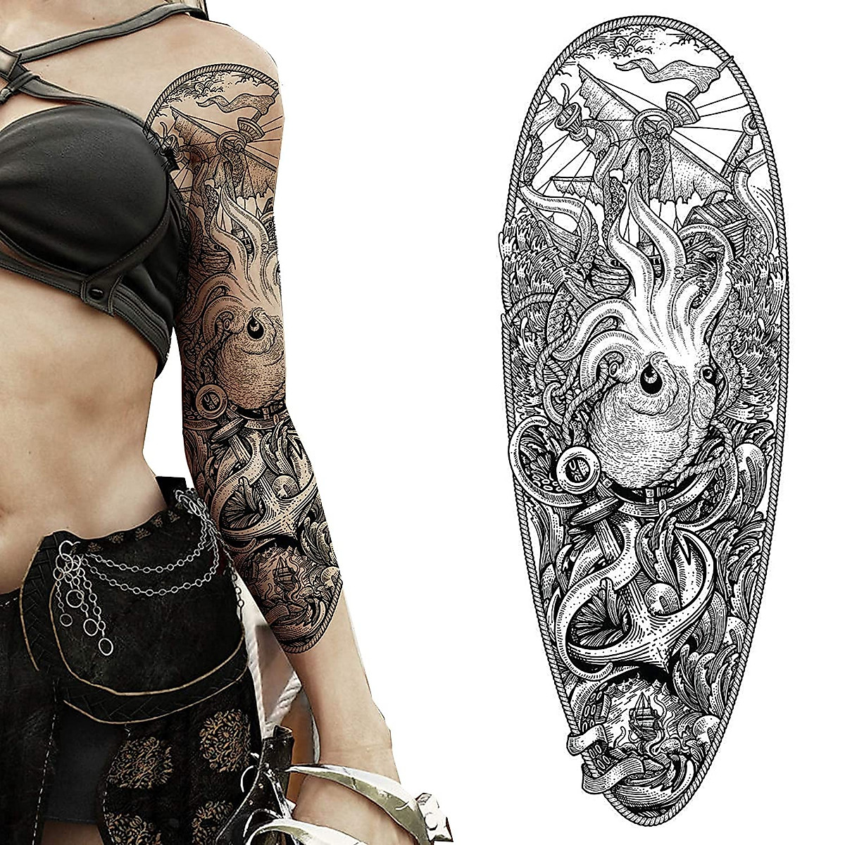 Tatodays 2 x Temporary tattoo full arm caribbean pirate kraken stick on body art transfer for women and men cosplay halloween adult temp tattoo for arms fancy dress