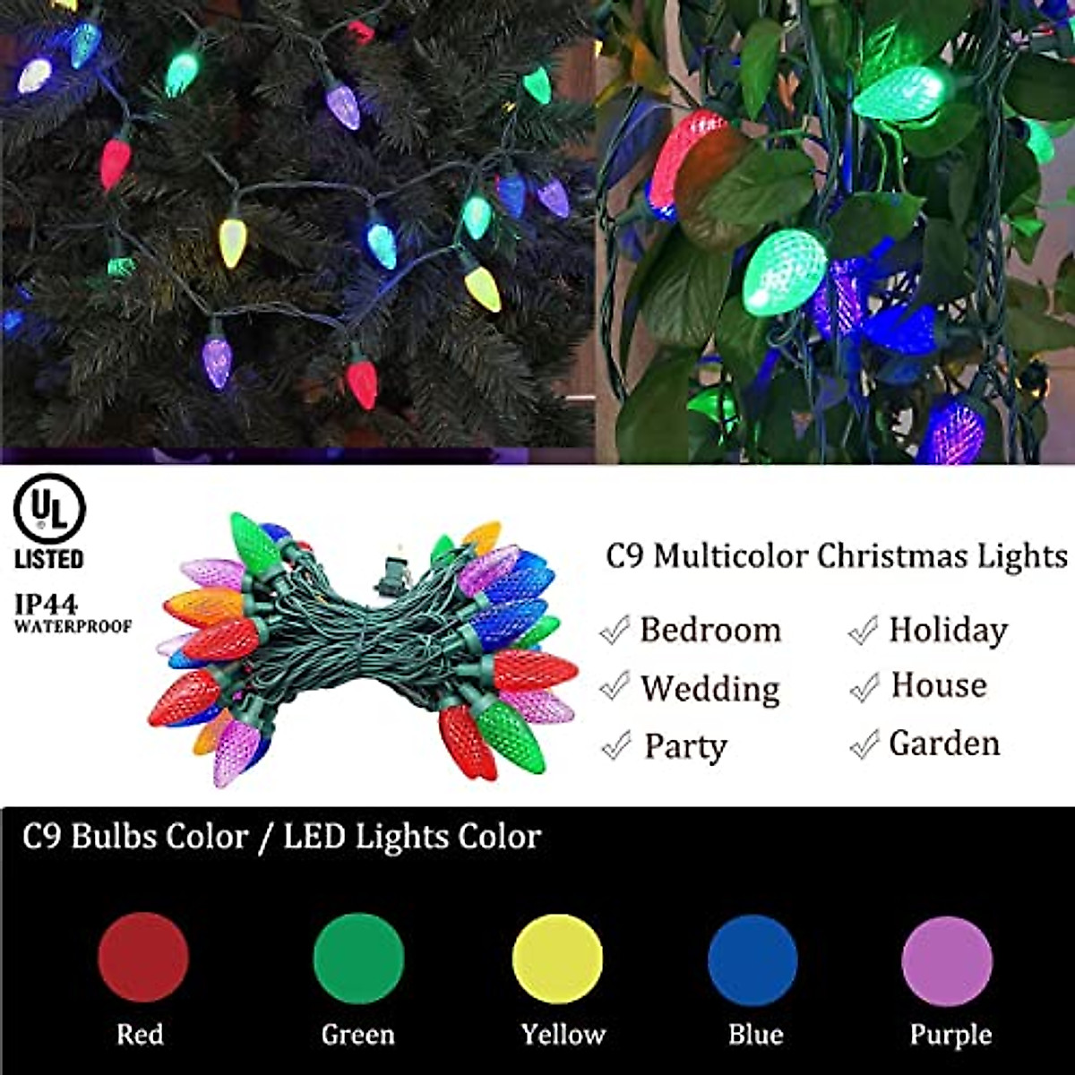 warlkde 50LEDs Christmas String Lights, C9 Christmas Lights with 29V Safe Adaptor, End-to-End, UL Certified Fairy Lights for Christmas Tree, Patio, Garden, Party, Wedding, Holiday Decoration