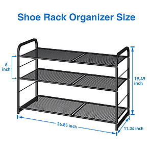 AIYAKA 3-Tier Shoe Rack Storage Organizer, Metal Stackable and Adjustable Shoe Rack for 12 Pairs of Shoes for Entryway Closet Doorway, Black