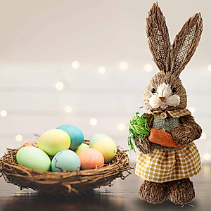 Keebgyy 14inch Easter Bunny Figures, Simulation Standing Rabbit Ornaments with Carrot Holding Basket Decorations for Party Home Garden Holiday Decor Gifts