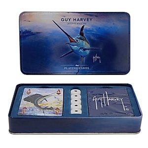 River's Edge Products Playing Cards and Dice Set, 2 Decks of Cards and 5 Dice, Themed Deck of Cards in Tin Case, Unique Novelty Casino Cards for Poker and Gambling Games, Guy Harvey