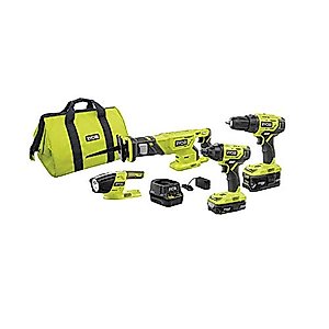Ryobi P1818 18-Volt ONE+ Lithium-Ion Cordless 4-Tool Combo Kit with (2) Batteries, 18-Volt Charger, and Bag