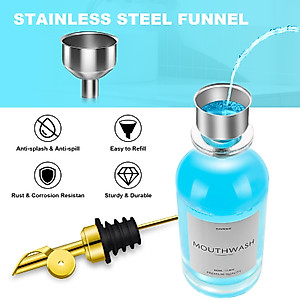 Mouthwash Dispenser & Cup Holder Set - 12 Oz Refillable Glass Container with Pour Spout, Wood Tray, Funnel & Waterproof Label