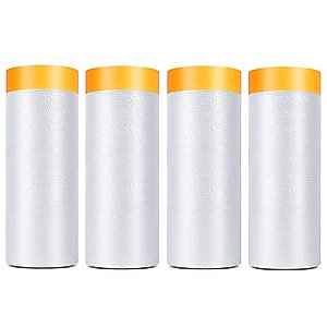 Painters Plastic With Tape, Pre-Taped Masking Film, 4 Rolls Automotive Best Tape and Drape, Paint Adhesive Protective Film Roll for Covering Skirting, Frames, Cars and Auto Body (5 X 65-Feet)