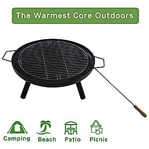 Koreyosh Fire Pit, 21'' Outdoor Patio Steel Fire Pit Wood Burning BBQ Grill Firepit Bowl with Round Mesh Spark Screen Cover Fire Poker for Backyard Garden Camping Picnic Beach Park (Round w/ Grill)