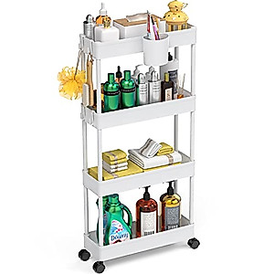 LEHOM 5.1" Slim Storage Cart - 4 Tiers Bathroom Organizer Mobile Shelving Unit Storage Rolling Utility Cart Slide Out Organizer for Kitchen Bathroom Laundry Narrow Places, White