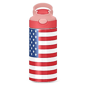 Kigai American Flag Kids Water Bottle, Insulated Stainless Steel Water Bottles with Straw Lid, 12 oz BPA-Free Leakproof Duck Mouth Thermos for Boys Girls