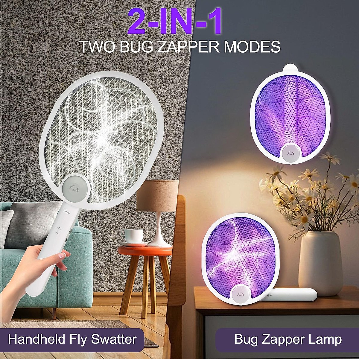 Foldable Electric Fly Swatter Racket, USB Rechargeable with 1200mAh Battery, Large 2 in 1 Bug Zapper Racket, Fly Killer and Mosquito Trap Lamp, for Indoor and Outdoor Home Backyard Patio Camping