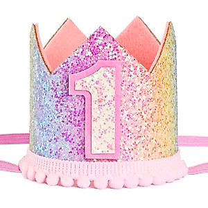BoKin Rainbow Gradient 1st Birthday Crown, Baby's First Birthday Photo Props and Party Decorations for Girls