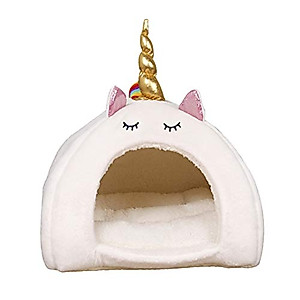 balacoo Hamster Warm Bed House Soft Cushion Couch Hut Guinea Pig Unicorn Design Hammock Hideout for Rabbit Chinchilla Squirrel Hedgehog (White, Size M)