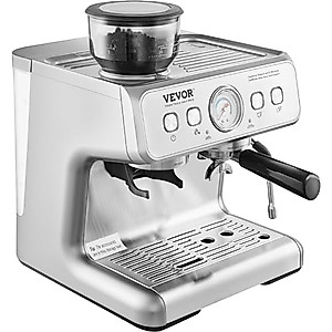 VEVOR Espresso Machine with Grinder, 15 Bar Semi-Automatic Espresso Coffee Maker with Milk Frother Steam Wand, Removable Water Tank & Pressure Gauge for Cappuccino, Latte, Machiato, PID Control System