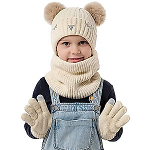 Toddler Boys Girls Winter Warm Knit Beanie Hat Touchscreen Gloves Neck Scarf with Fleece Cap for 3 4 5 6 7 Year Kid Gifts