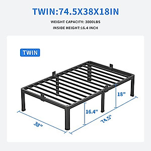 MAF 18 Inch Twin Bed Frames with Round Corner Legs Mattress Slide Stopper No Box Spring Needed Heavy Duty Metal Platform Bed Frame Under-Bed Storage Space, 3000 LBS Steel Slats Support