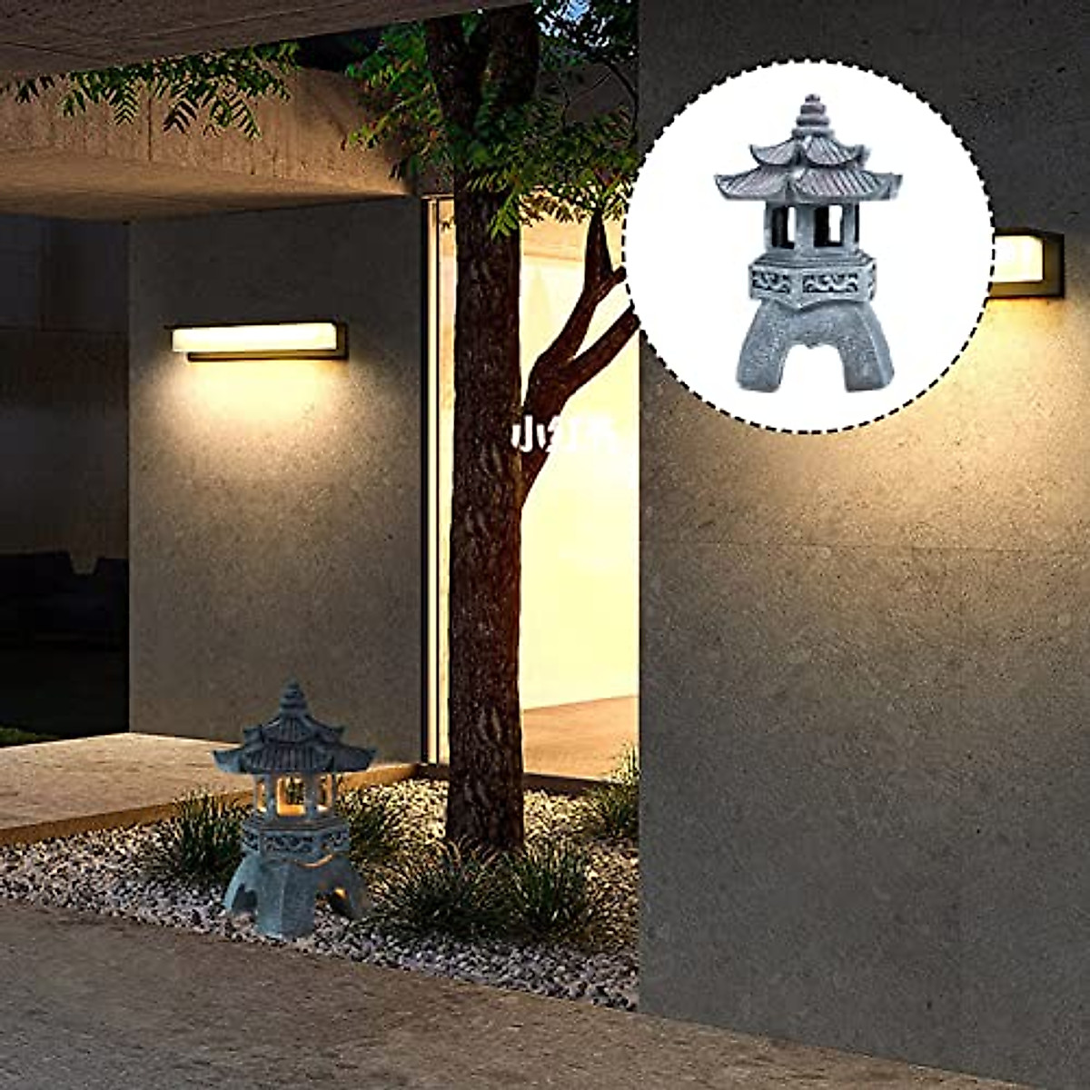 GANAZONO Statue Garden Solar Lights Resin Rock Lantern Pagoda Garden Statue for Patio Lawn Pathway Moon Decoration Grey
