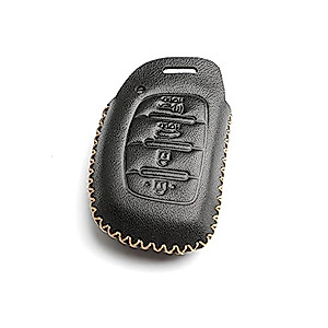 WFMJ Leather for Hyundai Elantra Sonata Tucson Remote Smart 4 Buttons Key Fob Case Keychain Cover Chain (Black)