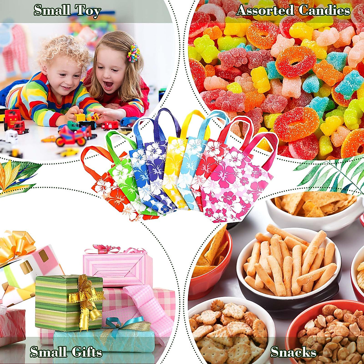 Teling 24 Pcs Hibiscus Party Tote Bags Hawaiian Non Woven Gift Bags with Handles for Tropical Aloha Luau Tiki Summer Party Supplies