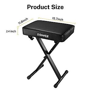 Donner Piano Bench, Adjustable Keyboard Bench Portable Stool Collapsible Chair Foldable Seat X-Style, 2.4 Inch Thickness High-Density Sponge Padded, Non-Skid Design, Black