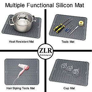 ZLR Silicone Dish Drying Mat for Kitchen Counter Large - Multi Usage Eco Friendly Drying Matt Kitchen Counter - Easy to Clean Heat Resistant Dish Drying Pad - 12" x 16" - Gray