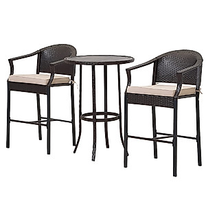 PORWEY 3 Piece Patio Bar Set, Outdoor Rattan Wicker Bar Height Table and Chairs Set, High Top Bistro Set with Pub Table and 2 Cushioned Stools, Outdoor Furniture Set for Backyard Poolside Porch, Beige