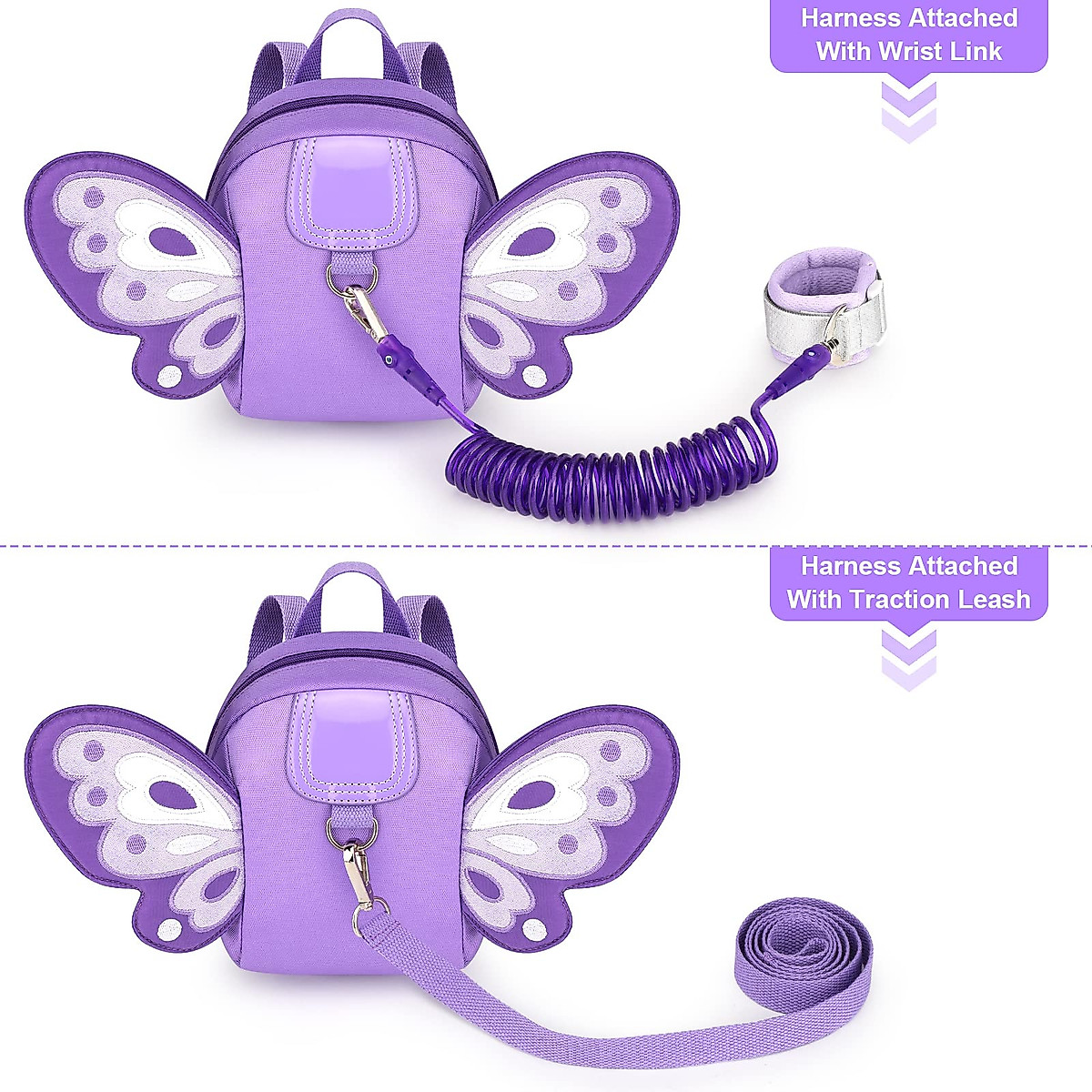 Accmor Toddler Harness Backpack Leash, Cute Butterfly Kid Backpacks with Anti Lost Wrist Link, Mini Child Backpack Harness Leashes Walking Wristband Travel Bag Harness Rein for Baby Girls (Purple)