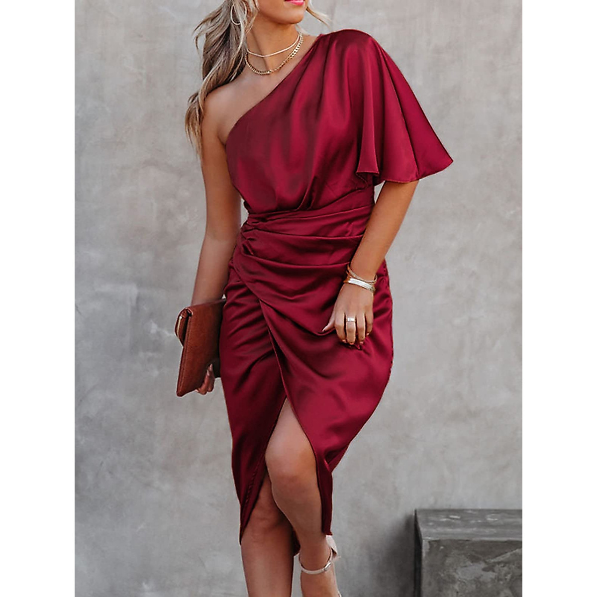 CUPSHE Women Satin Cocktail Party Dress Backless One Shoulder Flared Sleeves Tea Length Anomalistic Hem Solid Bodycon Dress with Zipper Burgundy Red M