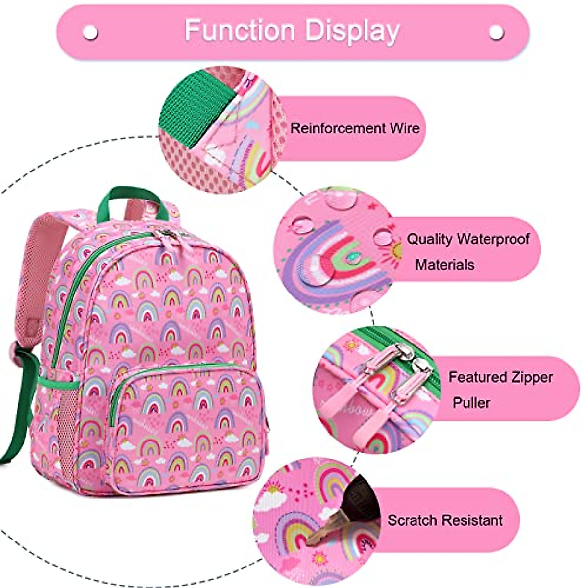 BUG Toddler Kids Backpack For Girls Boys, Cute Small Backpacks for Preschool and Kindergarten with Adjustable Padded Shoulder Straps, Pink Rainbow