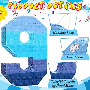 Number 1 2 3 4 5 6 7 8 9 Piñata with Stick Blindfold Confetti, Gradient Blue Piñata for Kids Birthday Party Large Blue Piñata for Boys Girls Birthday Anniversary Decoration Supplies(Number 9)