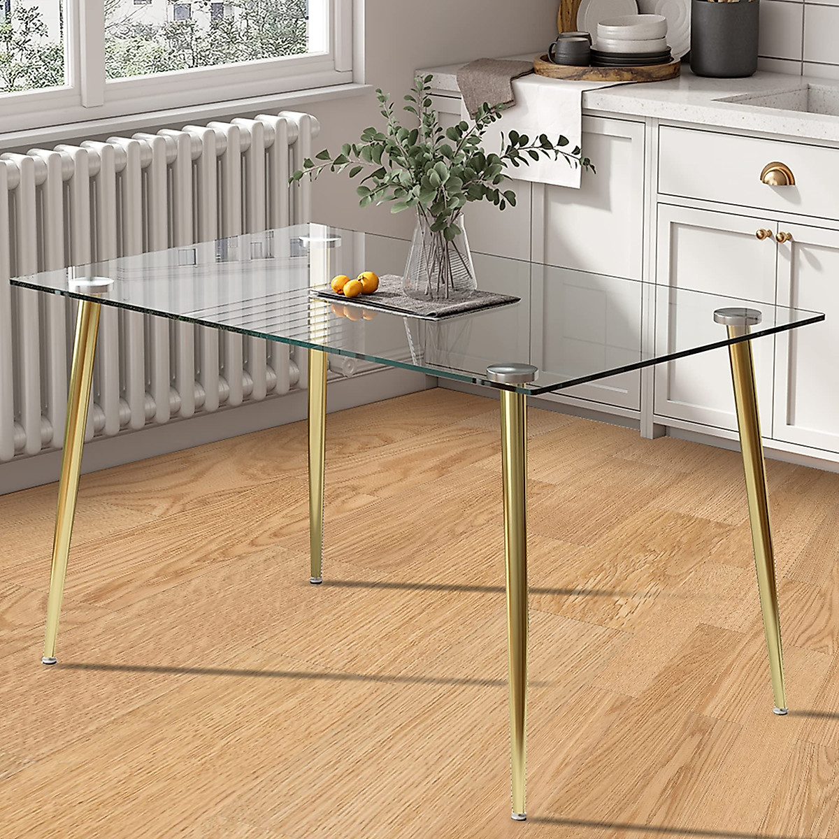 51 inch Glass Dining Table Set for 4, Dining Table & Chair Sets with Gold Plating Legs for Kitchen, Modern Rectangle Tempered Glass Table Top and Transparent Plastic Dining Chair for Dining Room