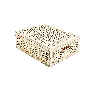 KINGWILLOW Wicker Basket with Lid, Rectangular Wooden Framed Woven Storage Bin with Inside Handles