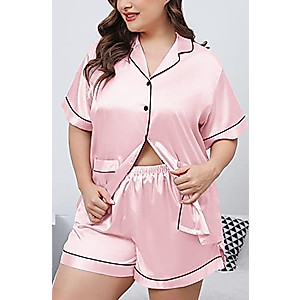SWOMOG Women's Plus Size Silk Pajamas Button Down Top Pj Satin Shorts Loungewear 2 Pieces Short Sleeve Sleepwear with Pockets Pink