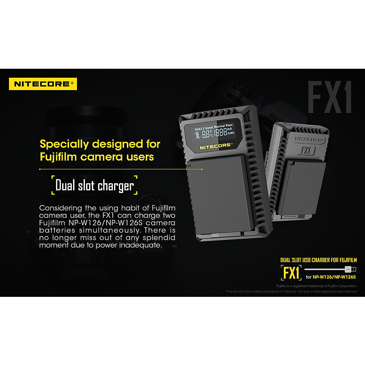 Nitecore FX1 2-Slot Digital Charger and NC-BP004 Battery Bundle Compatible with Fujifilm NP-W126 and NP-W126S Batteries