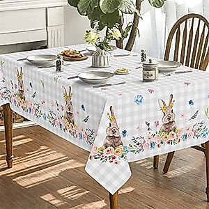 Horaldaily Easter Tablecloth 60x84 Inch, Spring Flower Buffalo Plaid Bunny Table Cover for Party Picnic Dinner Decor