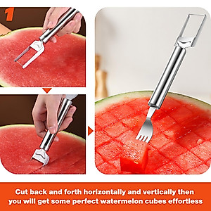 Generic 2PCS 2-in-1 Watermelon Fork, Watermelon Slicer Cutter, Stainless Steel Fruit Cutter Carving Tool for Home Party Family Camping, Portable Watermelon Fork Slicer Tool Fruit Forks Slicer, Silver