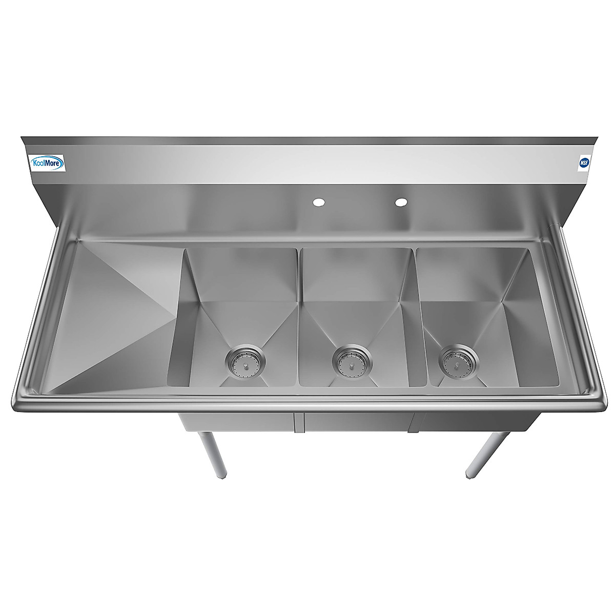 KoolMore 3 Compartment Stainless Steel NSF Commercial Kitchen Sink with Drainboard - Bowl Size 12" x 16" x 10",Silver