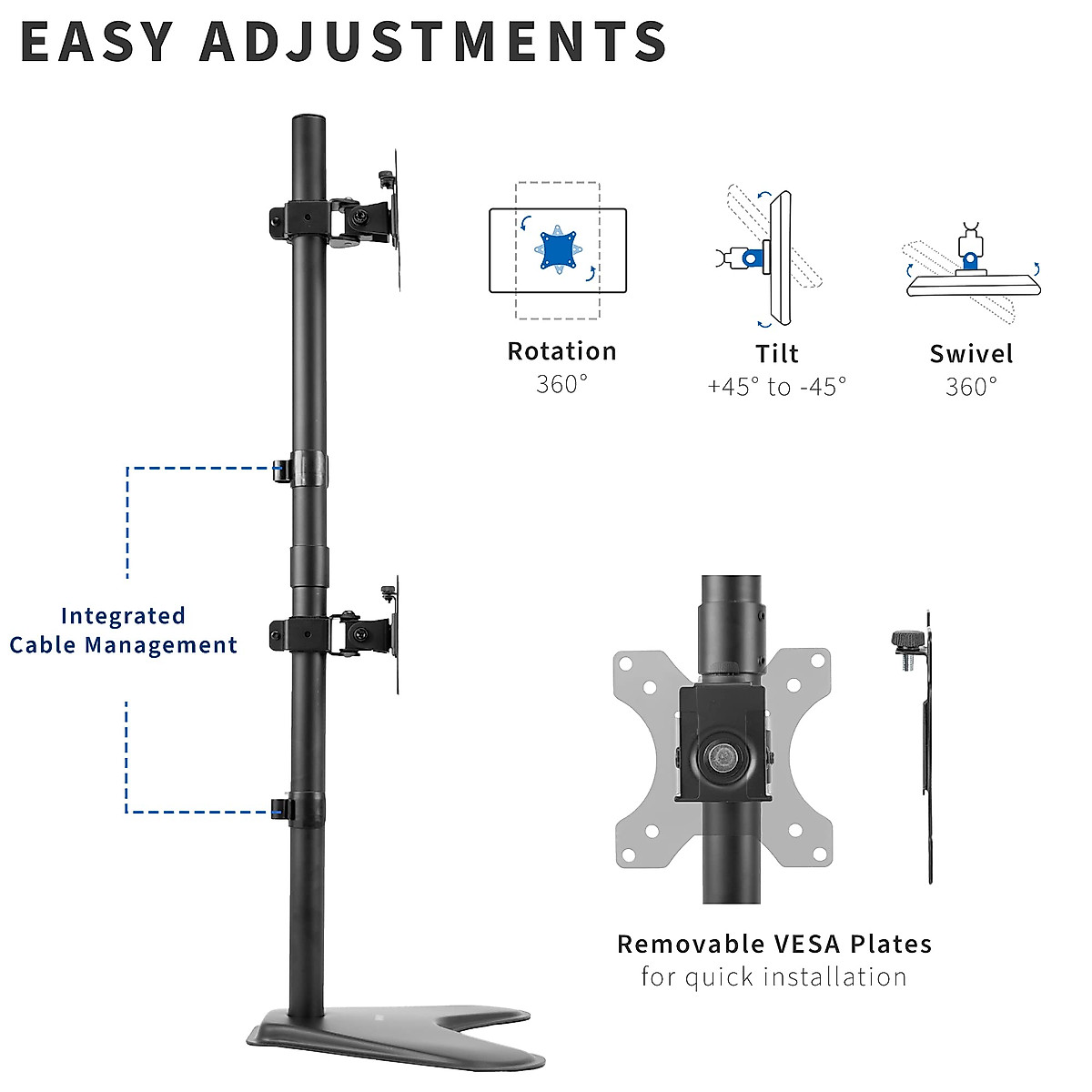 VIVO Dual Monitor Desk Stand Free-Standing LCD Mount, Holds in Stacked Vertical Position 2 Ultrawide Screens up to 34 inches, Black, STAND-V002L