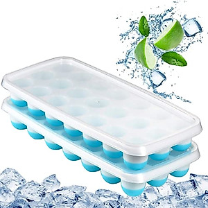 Ice Cube Trays Easy Release-Odor free,Spill Resistant Lid Included,2 Pack, Small Size, Stackable 42 Cubes,Silicone(Blue)