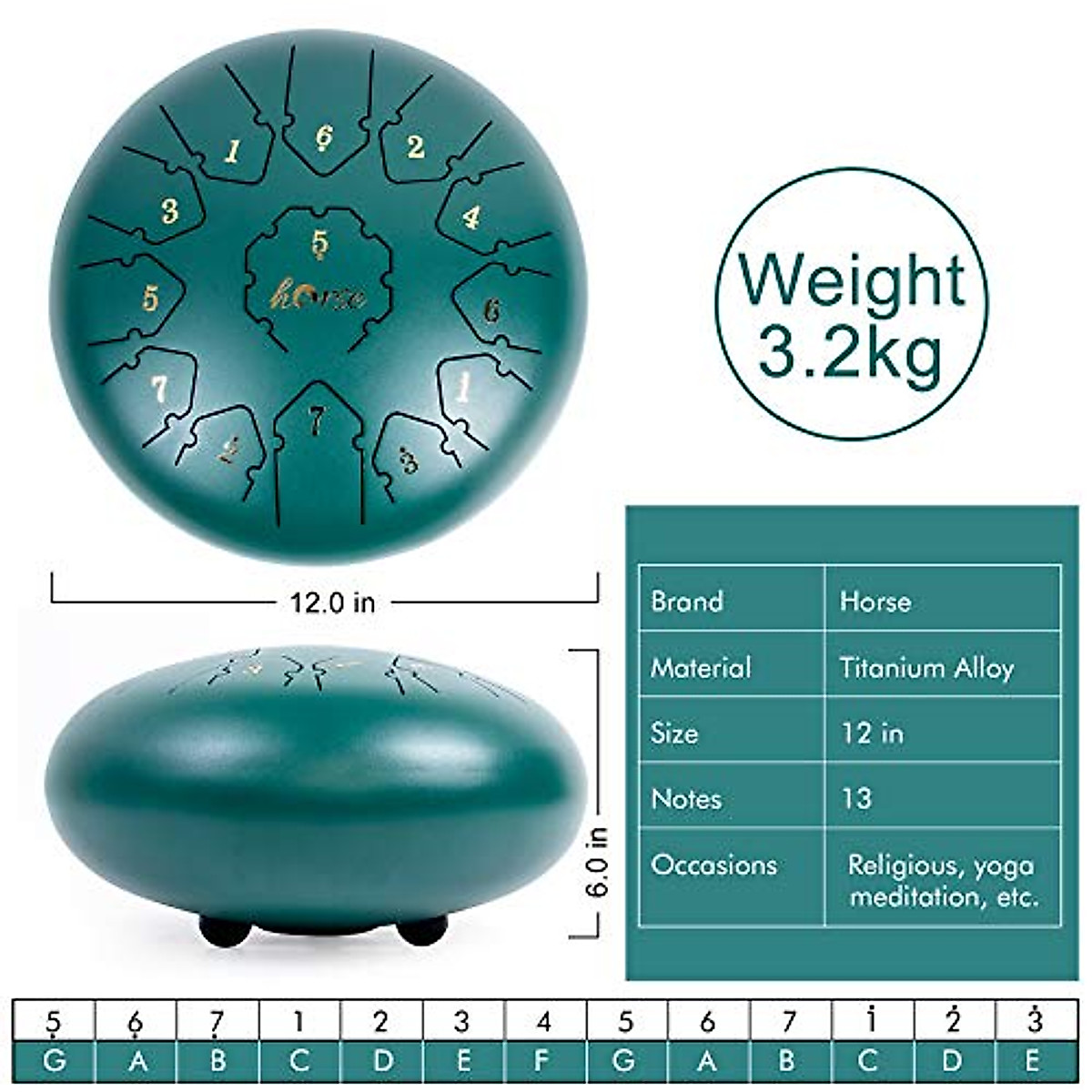 Steel Tongue Drum, Horse 12 Inch 13 Tones Tank Drum C Key Percussion Steel Drum Kit with Drum Mallets Note Stickers Finger Picks Mallet Bracket and Gig Bag…