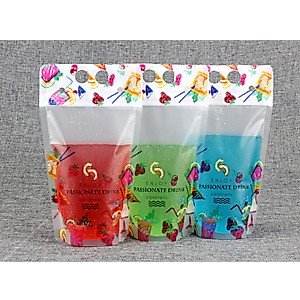 LASLU Zipper Clear Stand-Up Pouches Bags with Plastic Straw,8mil Heavy Duty Hand-held Drinking Bags 1.5" Bottom Gusset, 100 Pack (400ml, Fruits)