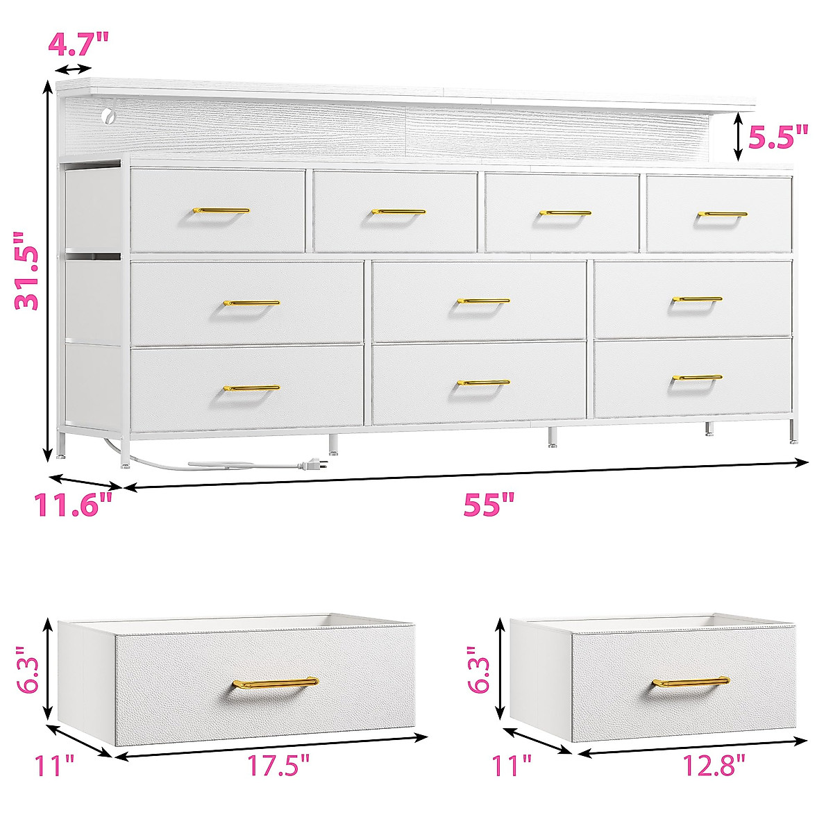 EnHomee 55" W White Dresser for Bedroom with 10 Drawers Long Dressers & Chests of Drawers with LED Lights & Power Outlets Large Dresser for Bedroom Dresser for Closet, Hallway, Metal Frame, White