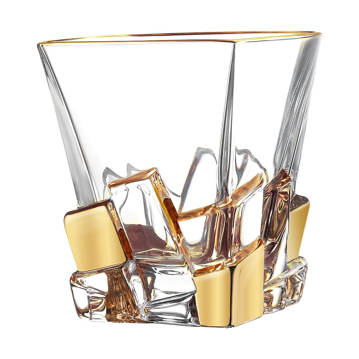 Barski - European Quality Glass - Crystal - Set of 6 - Square Shaped - Double Old Fashioned Tumblers - DOF - 11.7 oz. - with Gold Ice Cubes Design - Glasses are Made in Europe