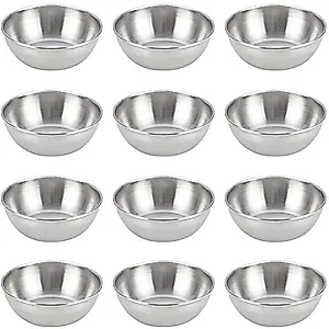Lomodo 12 Pack Stainless Steel Sauce Bowls Round Seasoning Dishes Mini Saucers Dishes Sushi Dipping Bowel Appetizer Plate (3.23 inch x 1.18 inch x 2.05 inch)