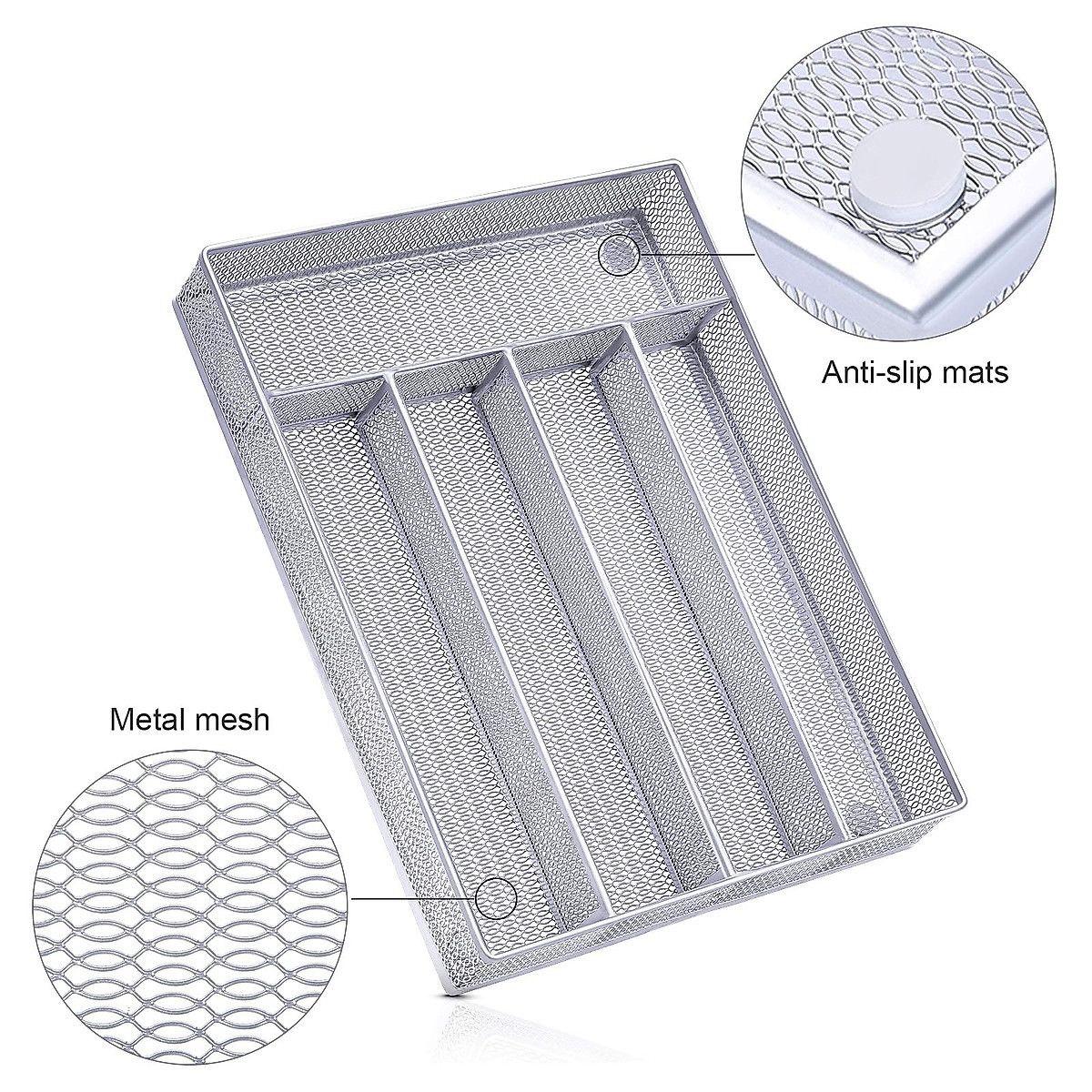 Flatware Organizers 5 Compartments, Metal Mesh Kitchen Utensil Drawer Cutlery Tray with 4 Foam Feet, Silver