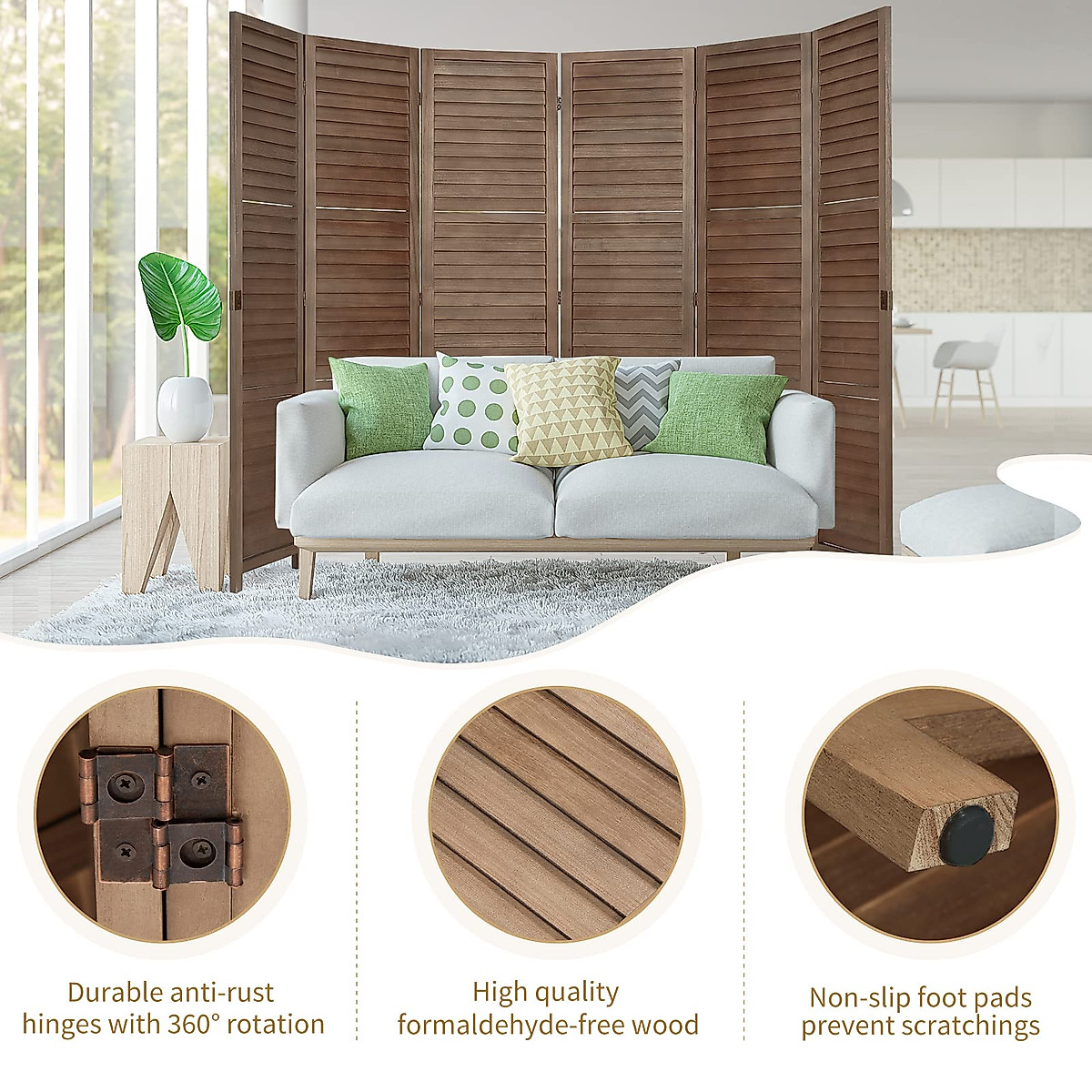 Esright 6 Panel Wood Room Divider, 5.6 Ft Tall Folding Privacy Screen Room Divider, Freestanding Partition Wall Dividers for Office,Bedroom, Brown