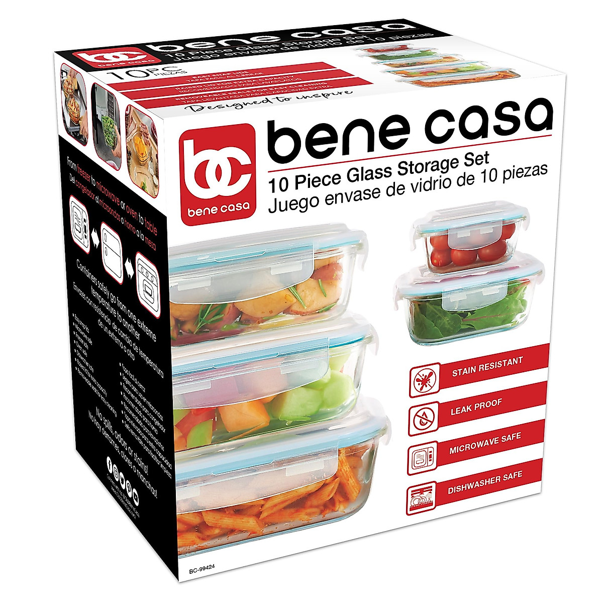 Bene Casa 10-piece glass food storage container set, air tight led containers, oven safe, microwave safe, freezer safe, dishwasher safe