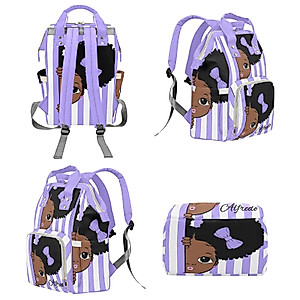 African Black Girl Purple Personalized Diaper Backpack with Name,Custom Travel DayPack for Nappy Mommy Nursing Baby Bag One Size